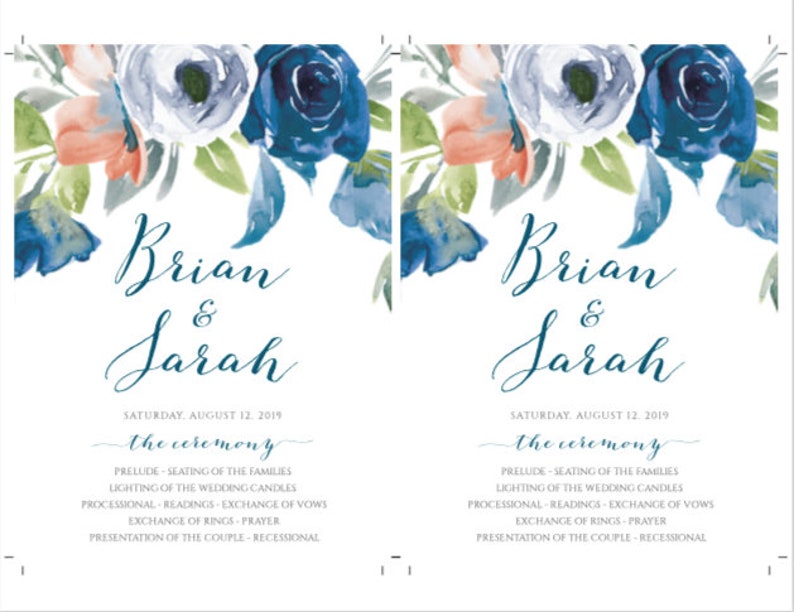Blue Floral Wedding Program Template Navy Wedding Program - Etsy