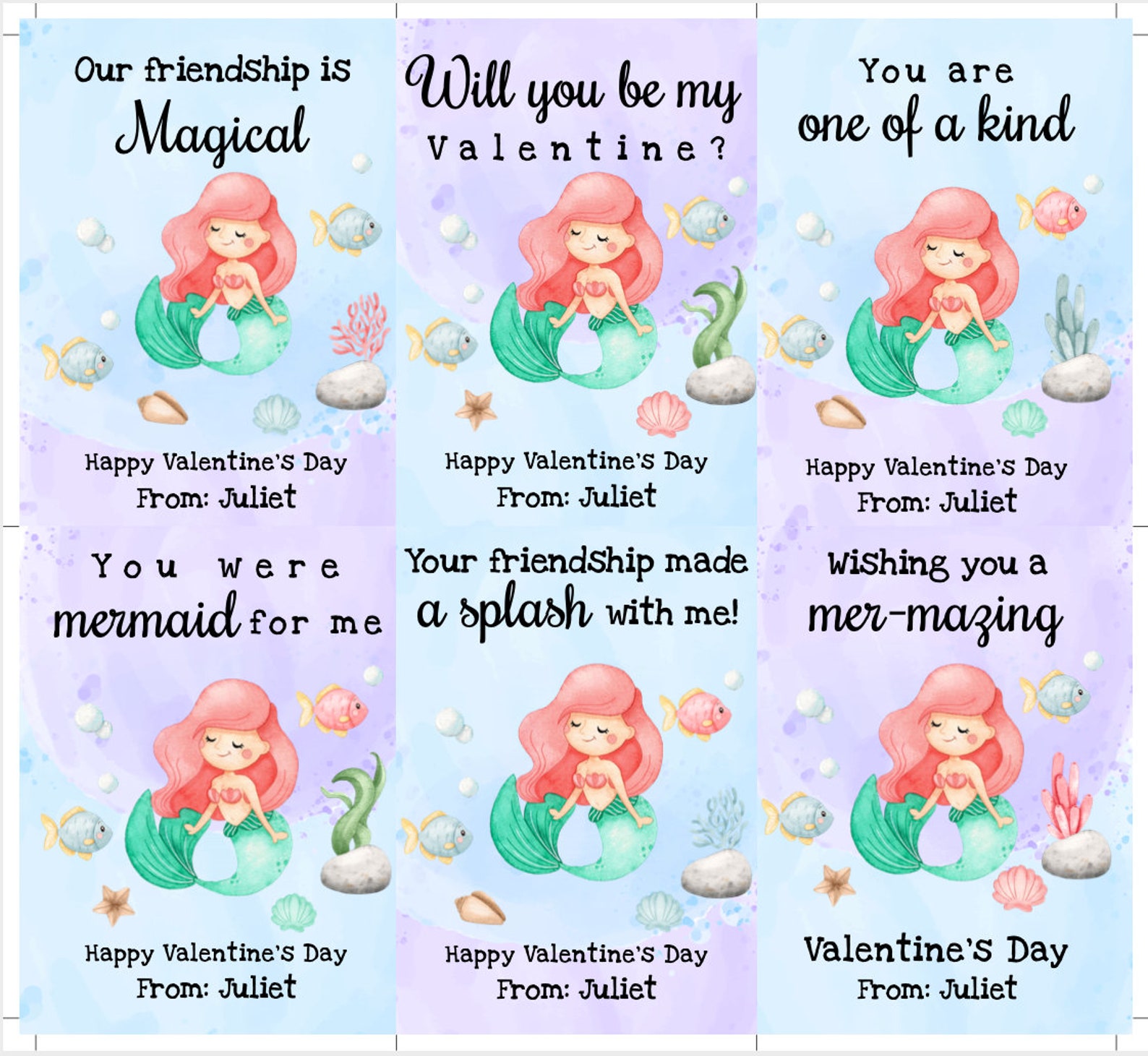 Mermaid Valentines Day Card Template Mermaid Valentines Cards - Etsy