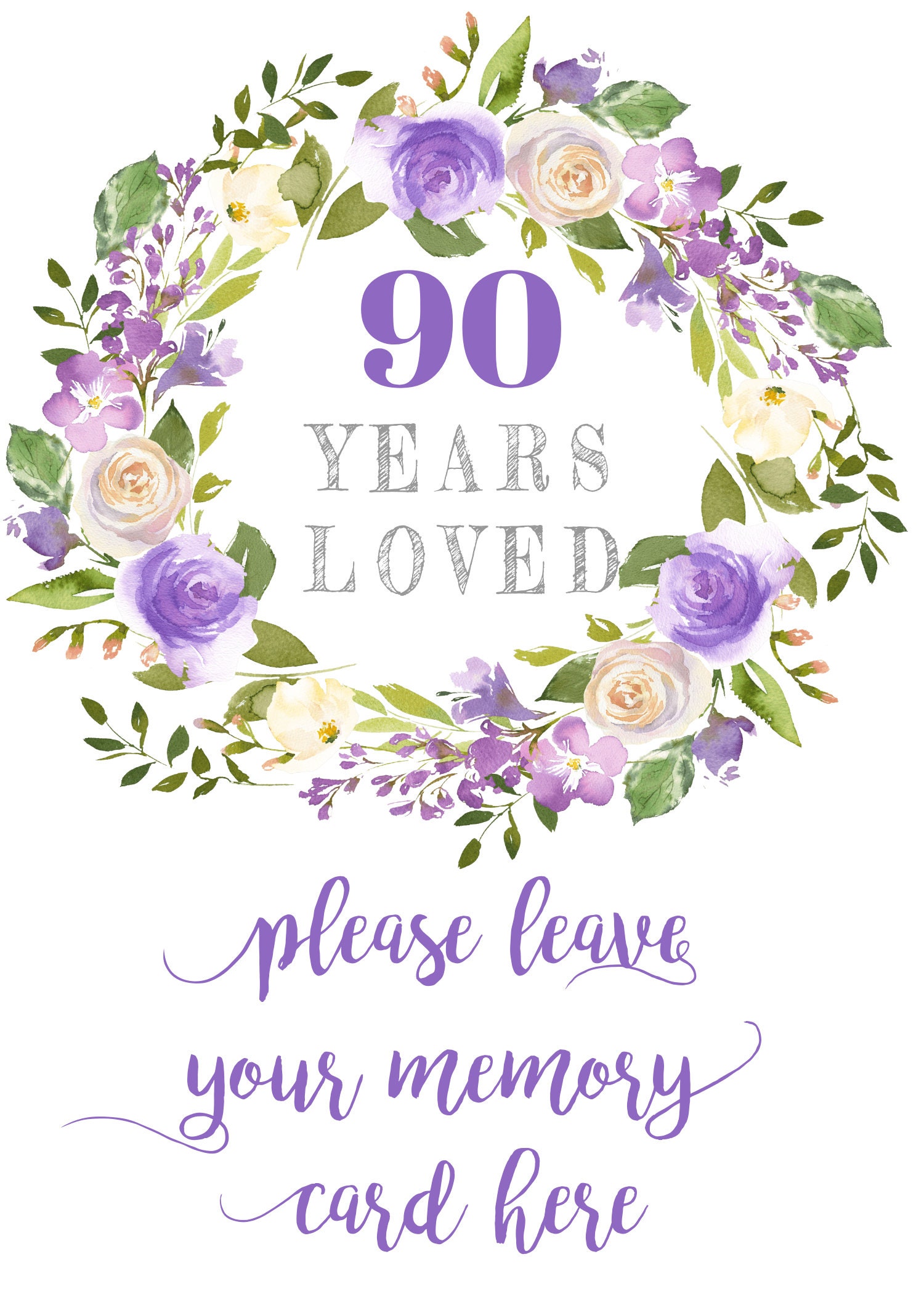 90 Years Loved Memory Card Sign Template Purple Floral - Etsy Nederland