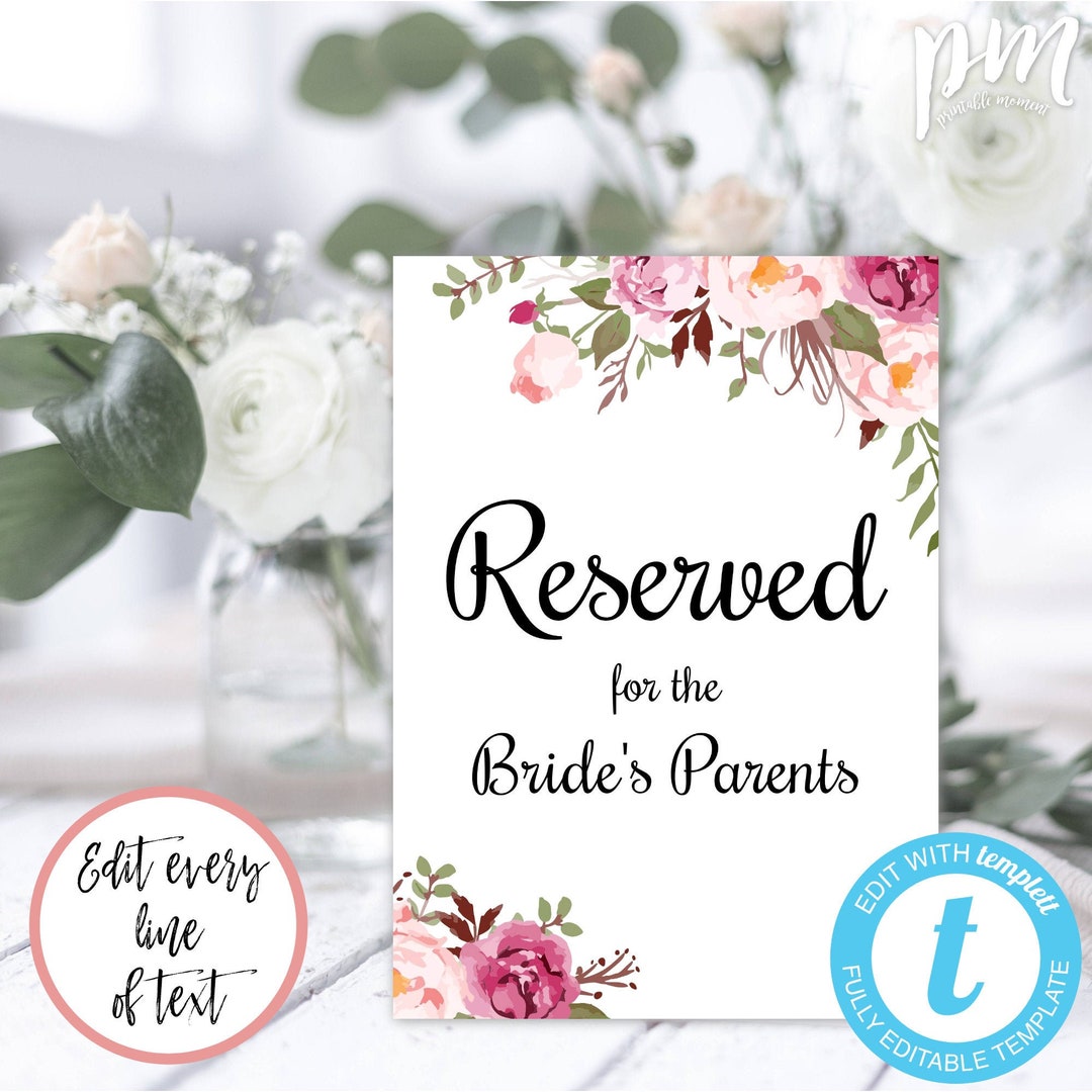 Floral Reserved Table Sign Templates, Reserved for Bride's Family ...