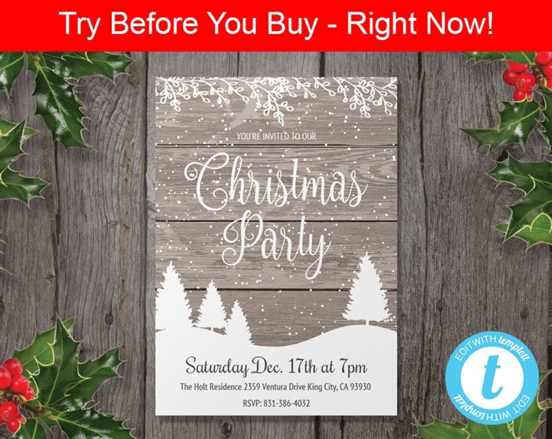 Rustic Christmas Party Invitation Template, Editable Holiday Party ...