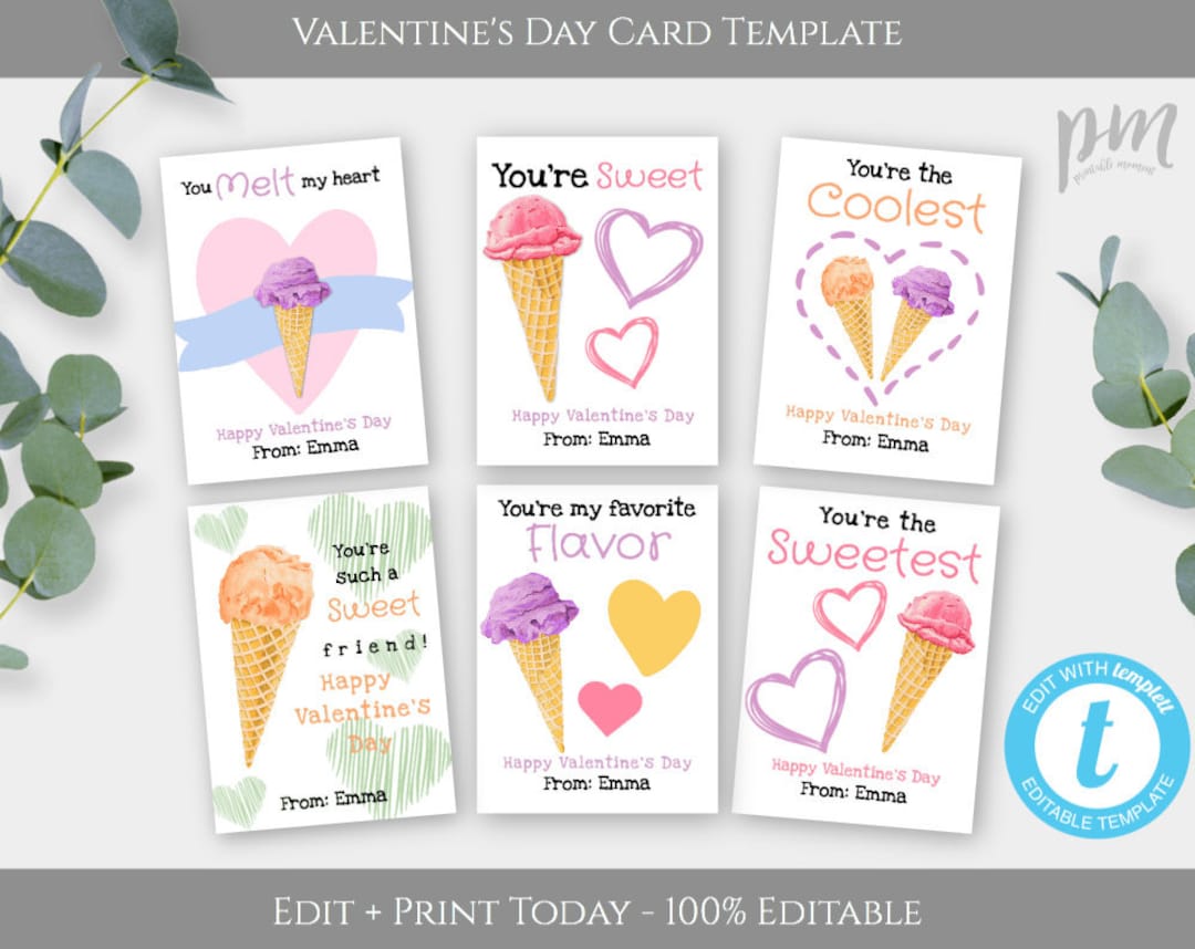 Ice Cream Valentines Day Card Template, Ice Cream Valentines Cards for ...
