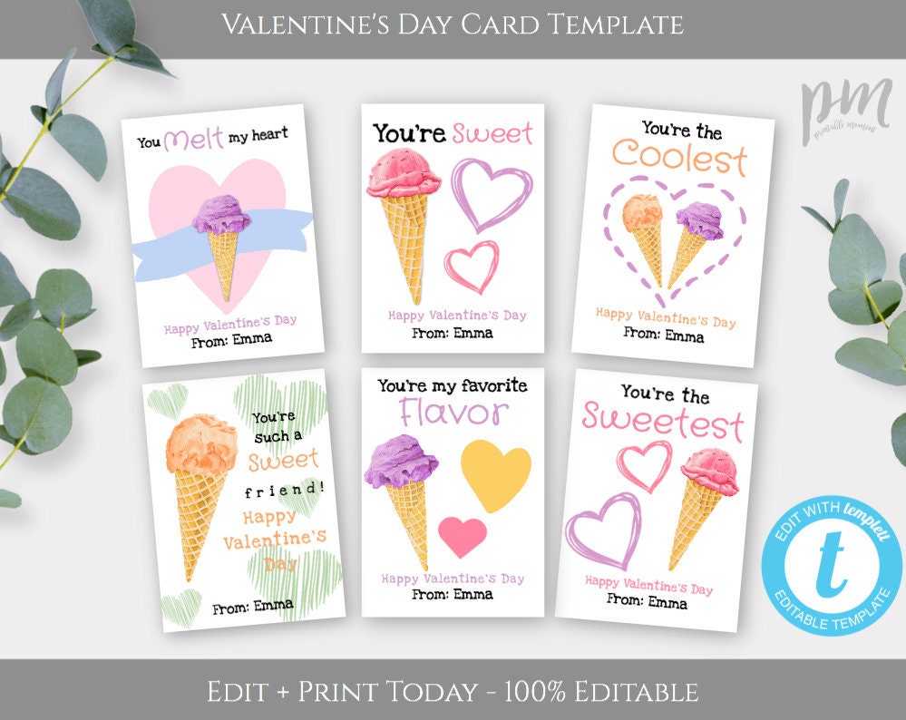 Ice Cream Valentines Day Card Template Ice Cream Valentines - Etsy