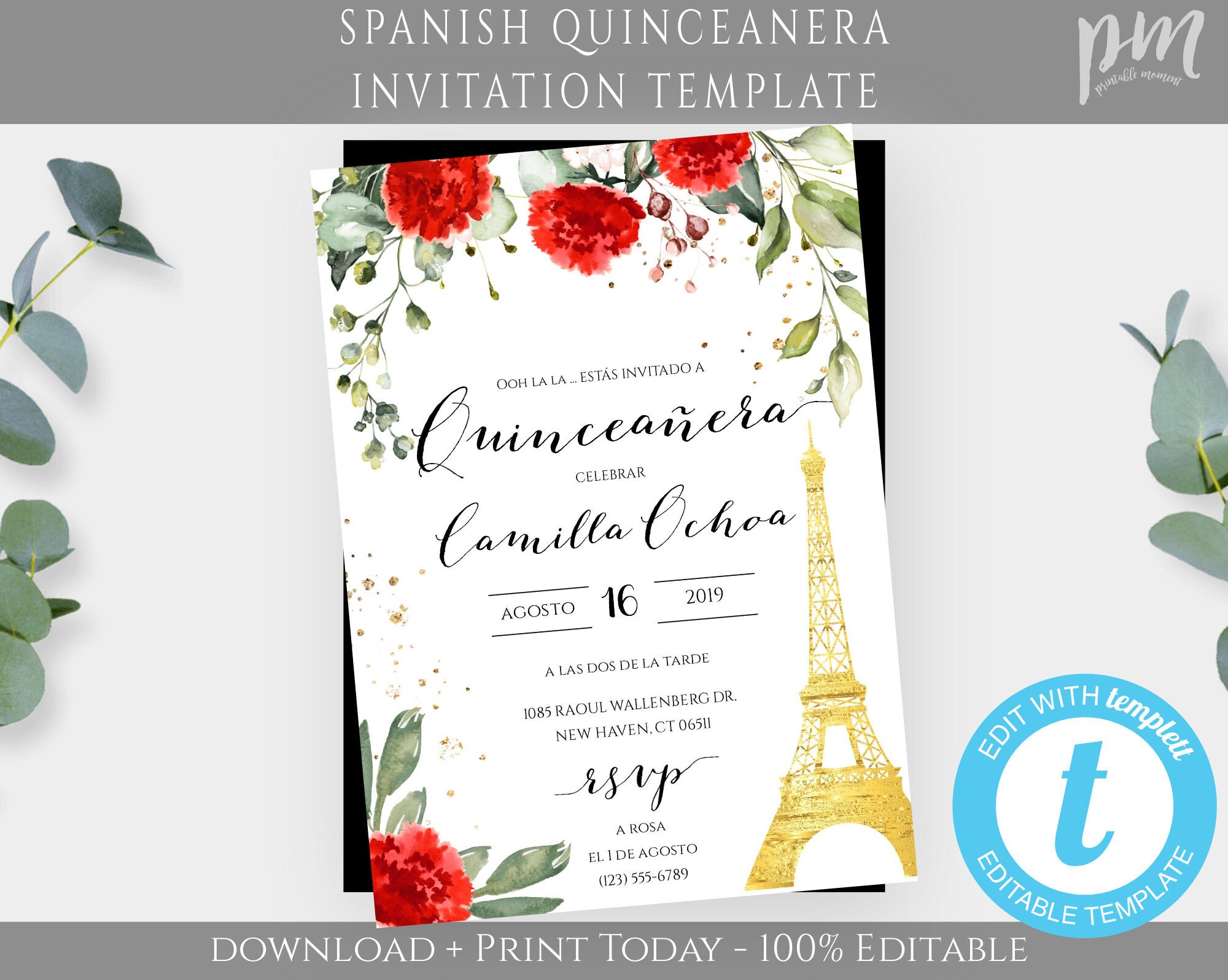 Quinceañera Birthday Invitation Template in Spanish, Sweet 15, Paris ...