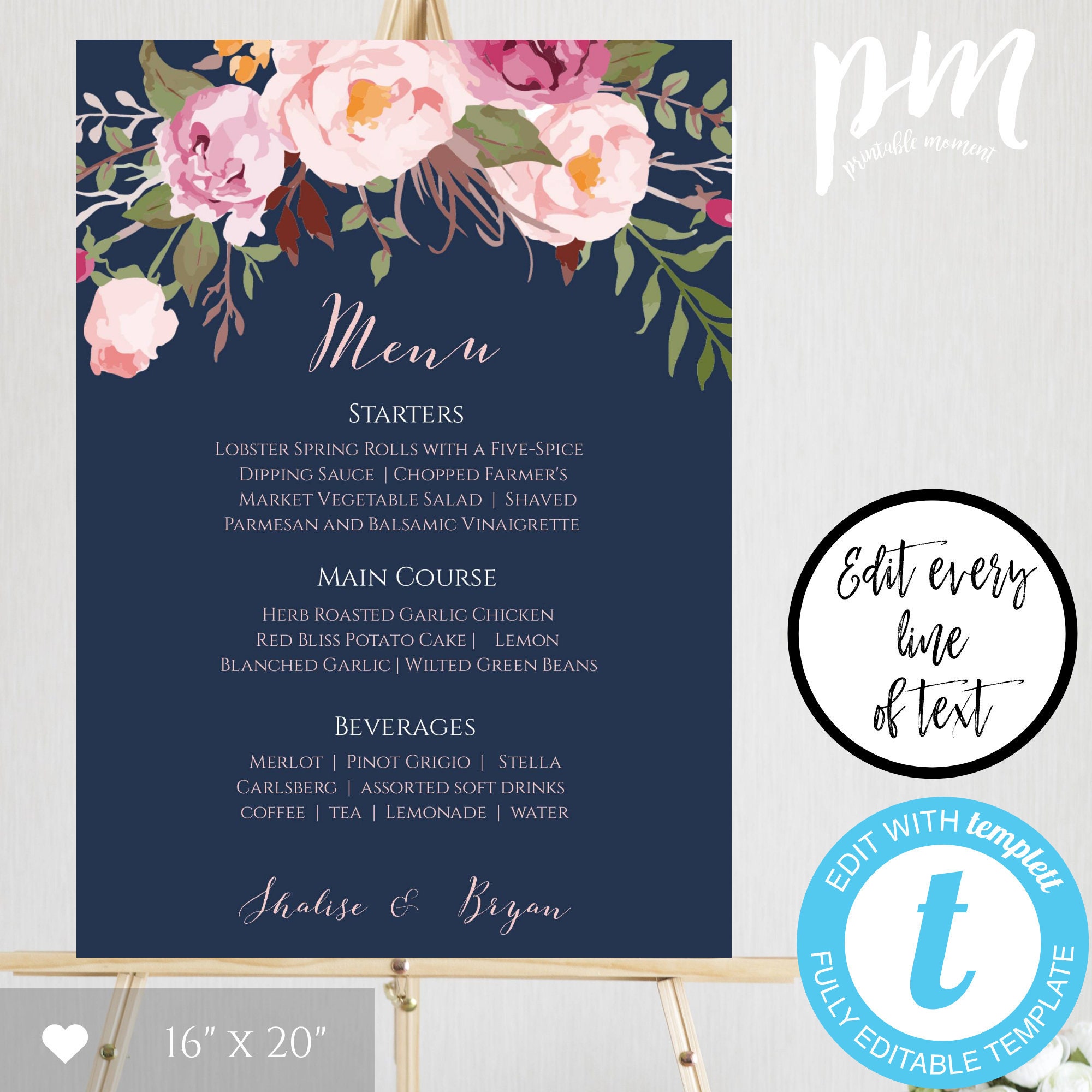 Blue Pink Wedding Dinner Menu Template Printable Food Menu | Etsy