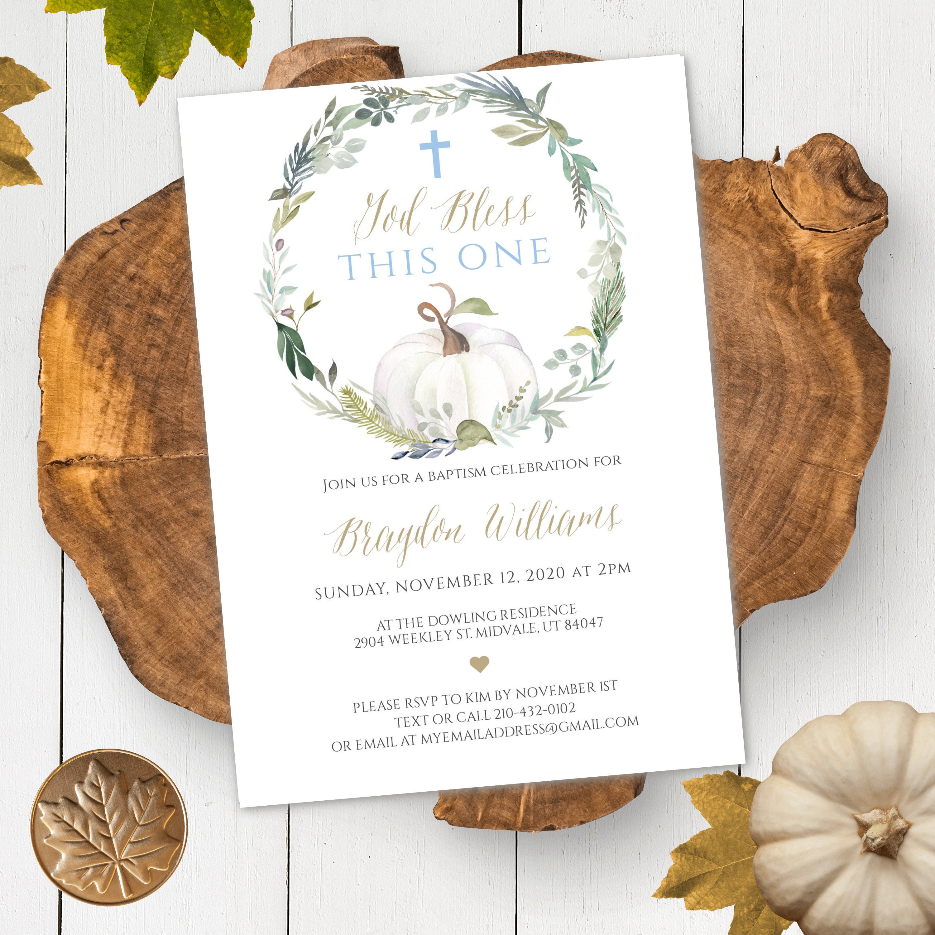 Fall Boy Baptism Invitation Template White Pumpkin Printable | Etsy