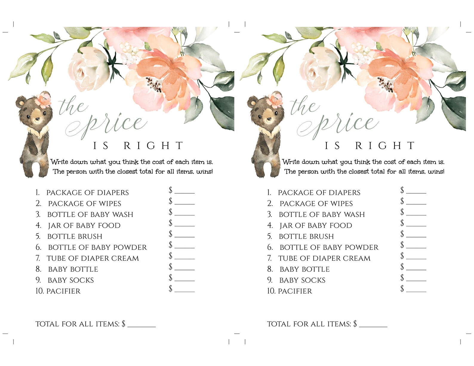 Bear Baby Shower Game the Price is Right Template, Editable Girl Baby ...