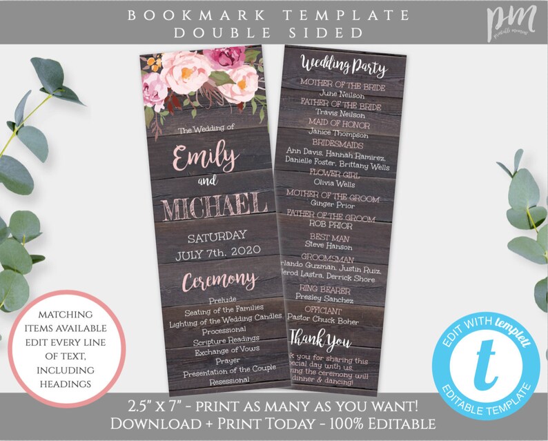Rustic Floral Wedding Program Bookmark Template DIY Wedding - Etsy