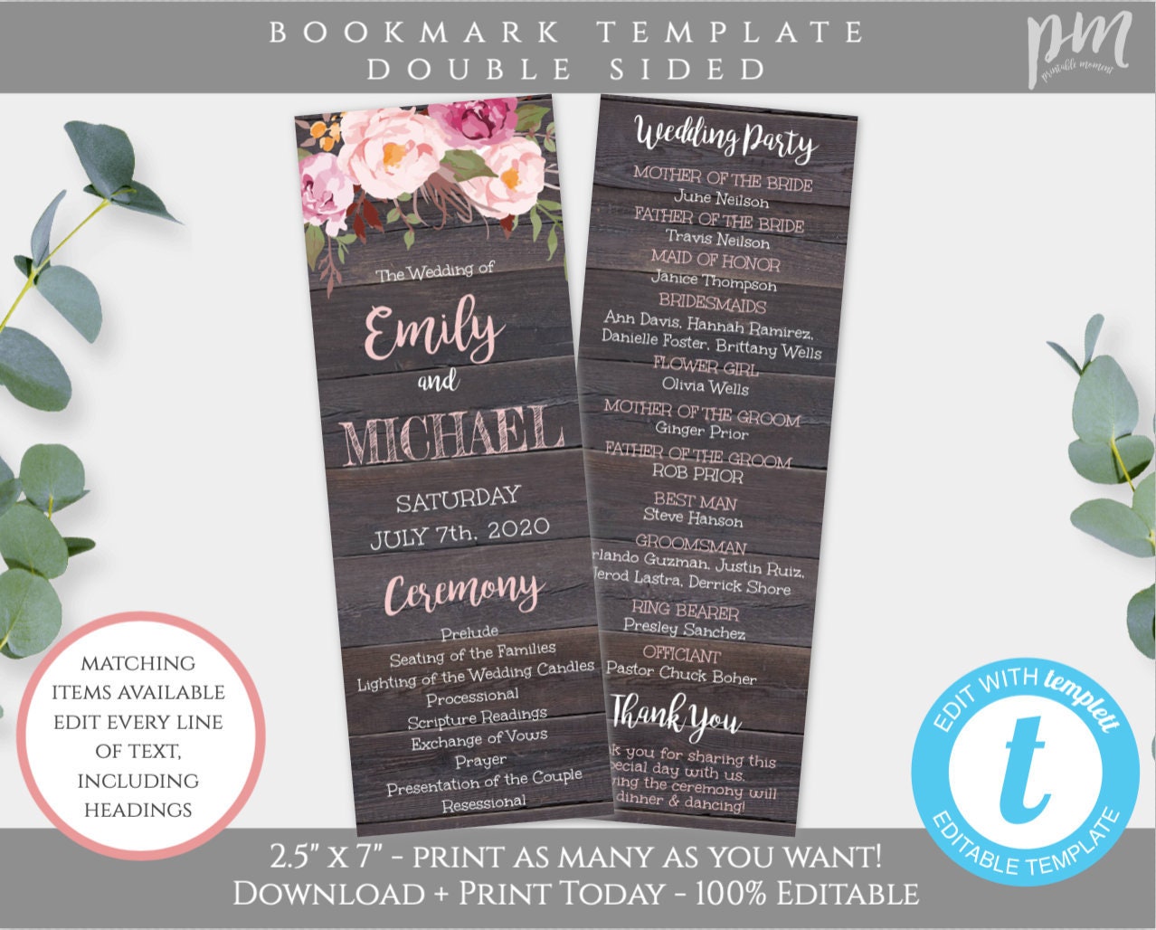 Rustic Floral Wedding Program Bookmark Template DIY Wedding - Etsy