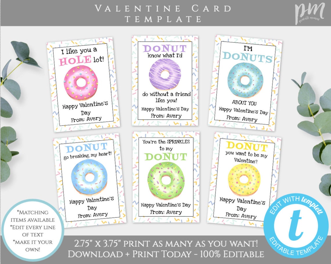 Donut Valentines Day Card Template Donut Valentines Cards for - Etsy