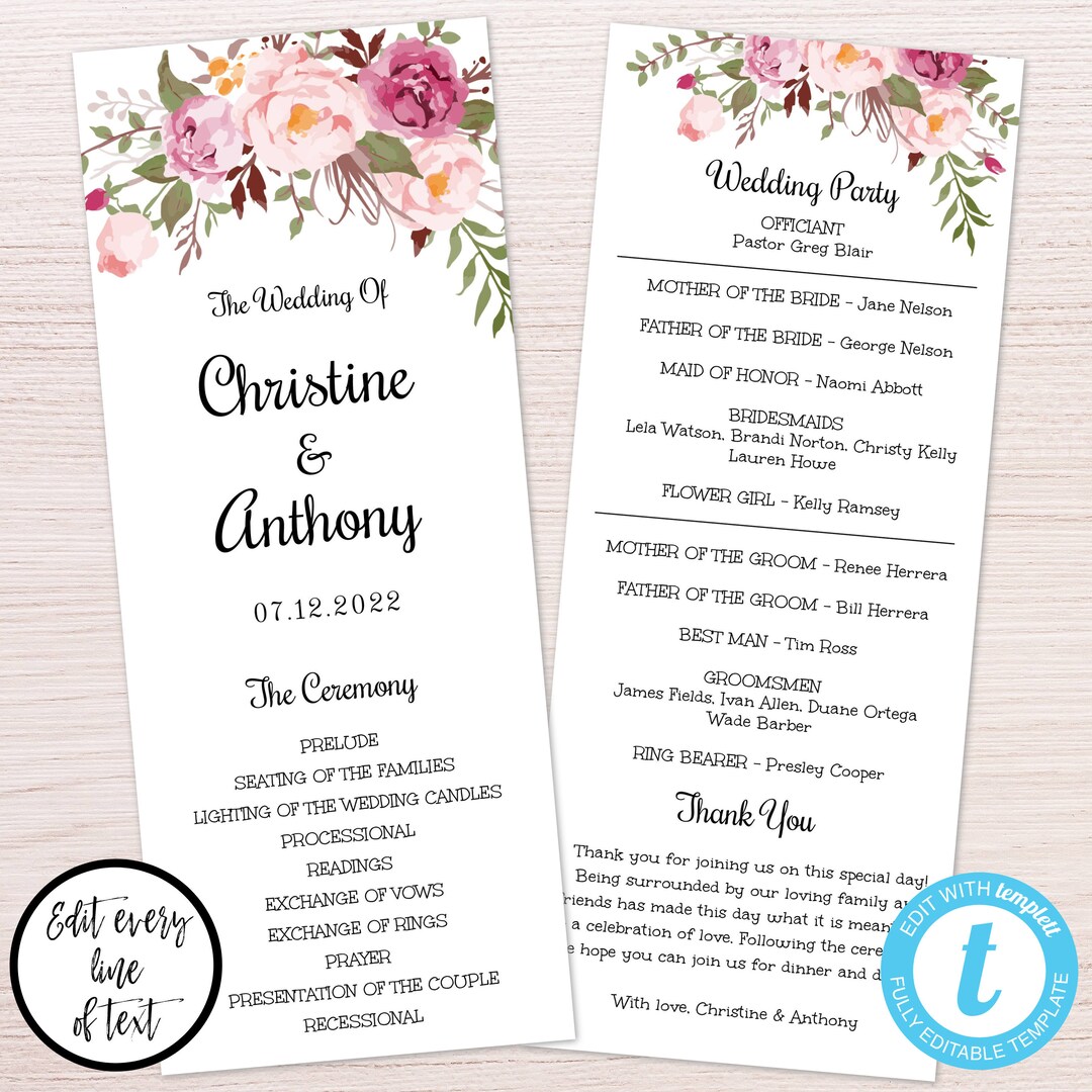 Pink Floral Wedding Program, Instant Download, Bohemian Floral Wedding ...