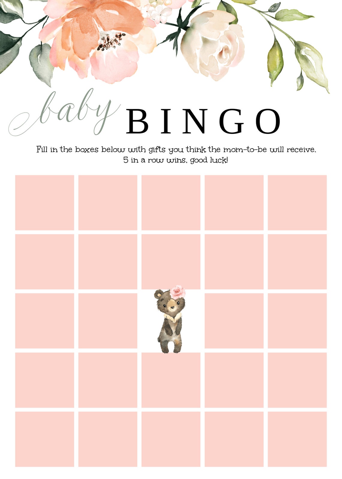 Teddy Bear Baby Shower Bingo Template Baby Shower Game Girl | Etsy