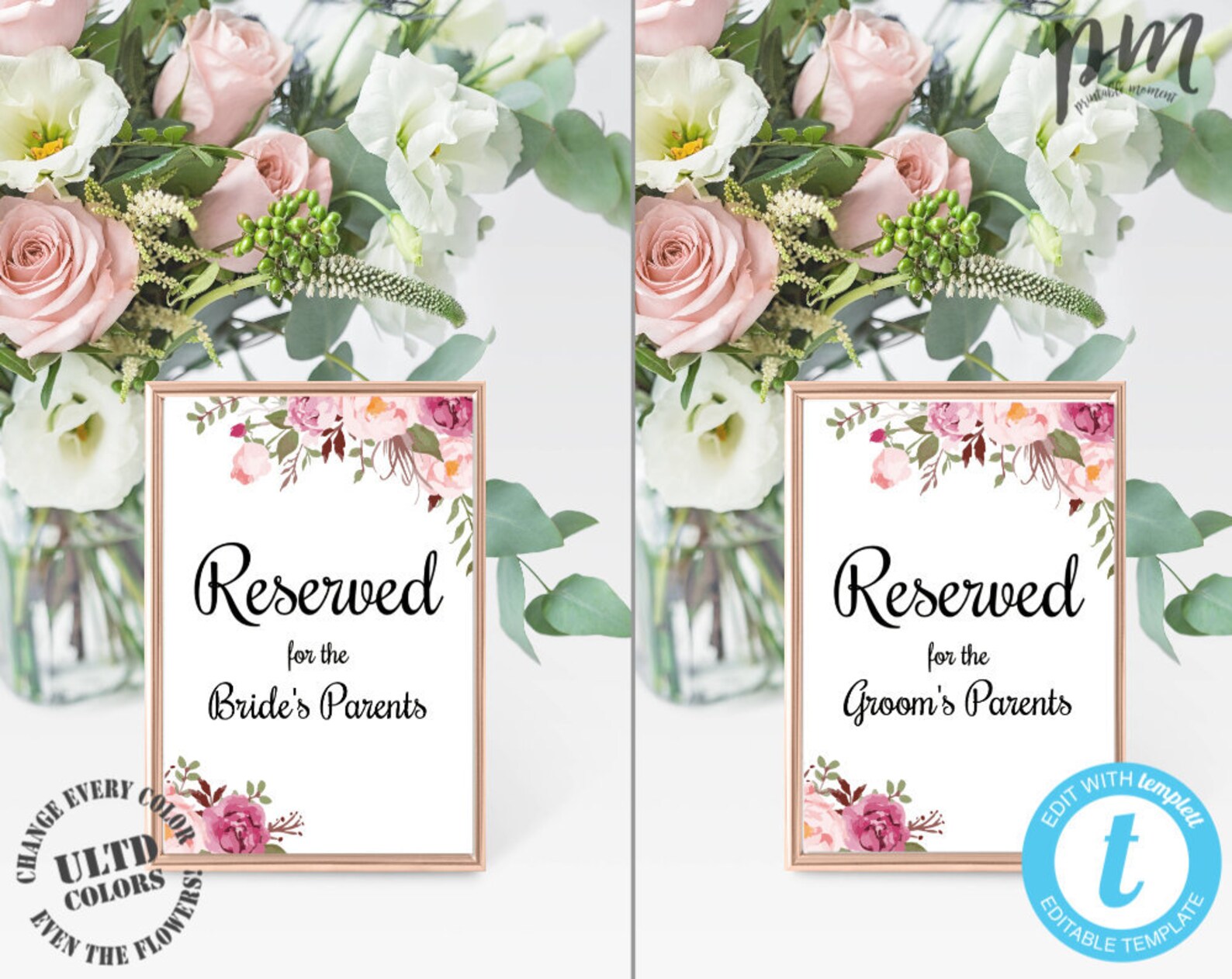 Floral Reserved Table Sign Templates, Reserved for Bride's Family ...