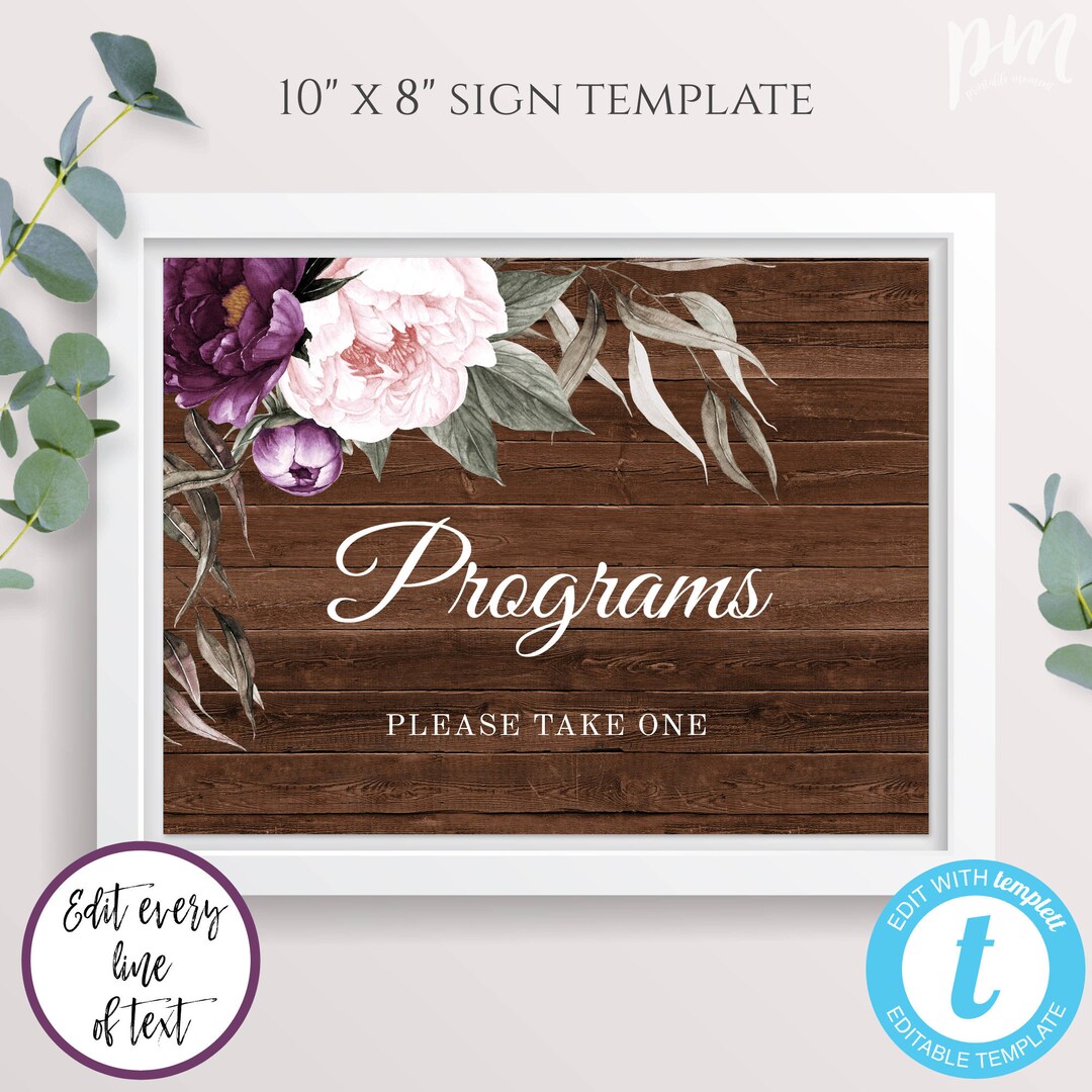 Rustic Wedding Program Sign Template, Purple Floral Program Sign ...