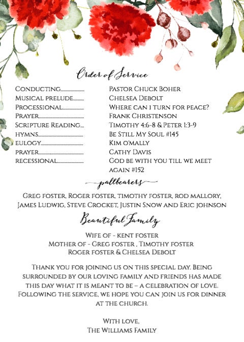 Red Floral Funeral Program Front & Back Memorial Program | Etsy