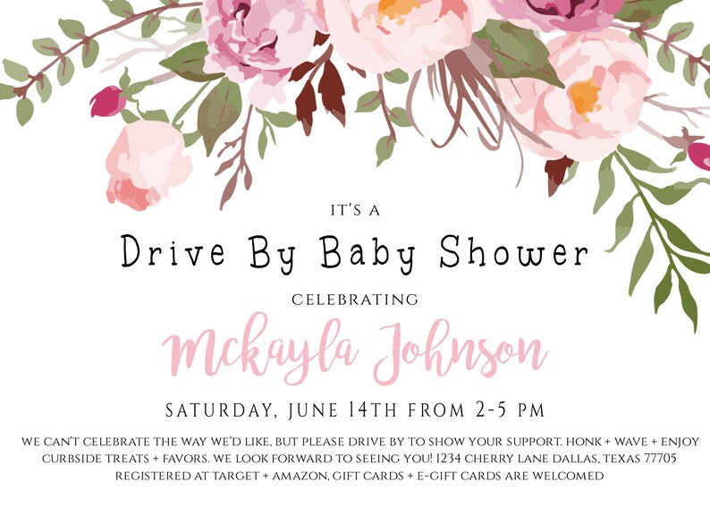 Pink Floral Drive by Baby Shower Invitation Template, Editable Baby ...
