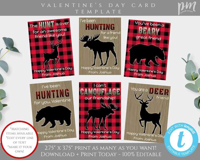 Hunter Valentine Card Template Deer Valentines Cards for Kids - Etsy
