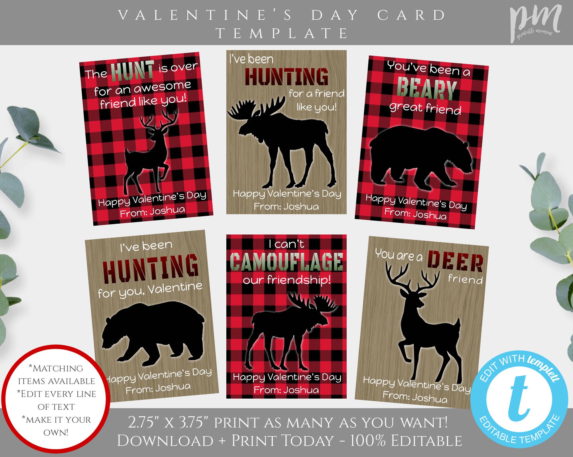 Hunter Valentine Card Template Deer Valentines Cards for Kids | Etsy