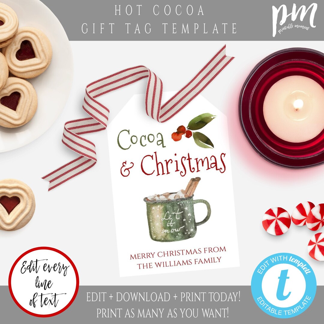 Cocoa and Christmas Gift Tag Template With Hot Chocolate, Holiday Party ...