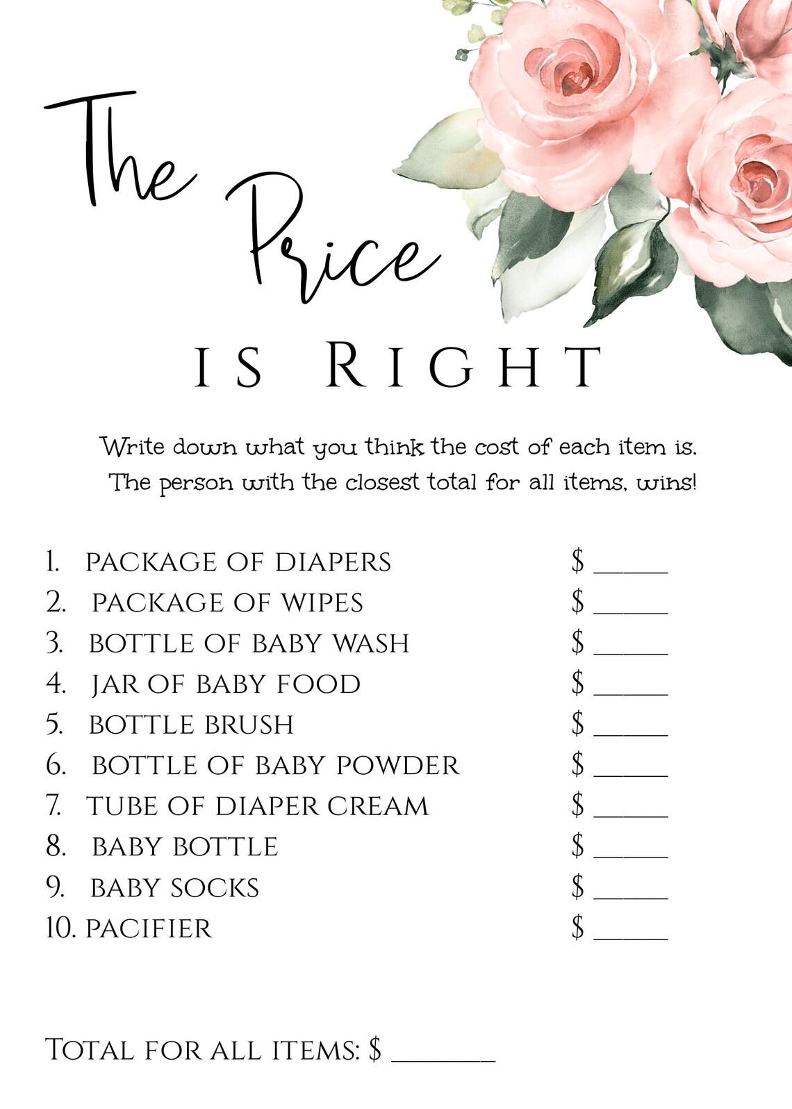 Pink Floral the Price is Right Gametemplate for Baby Shower | Etsy