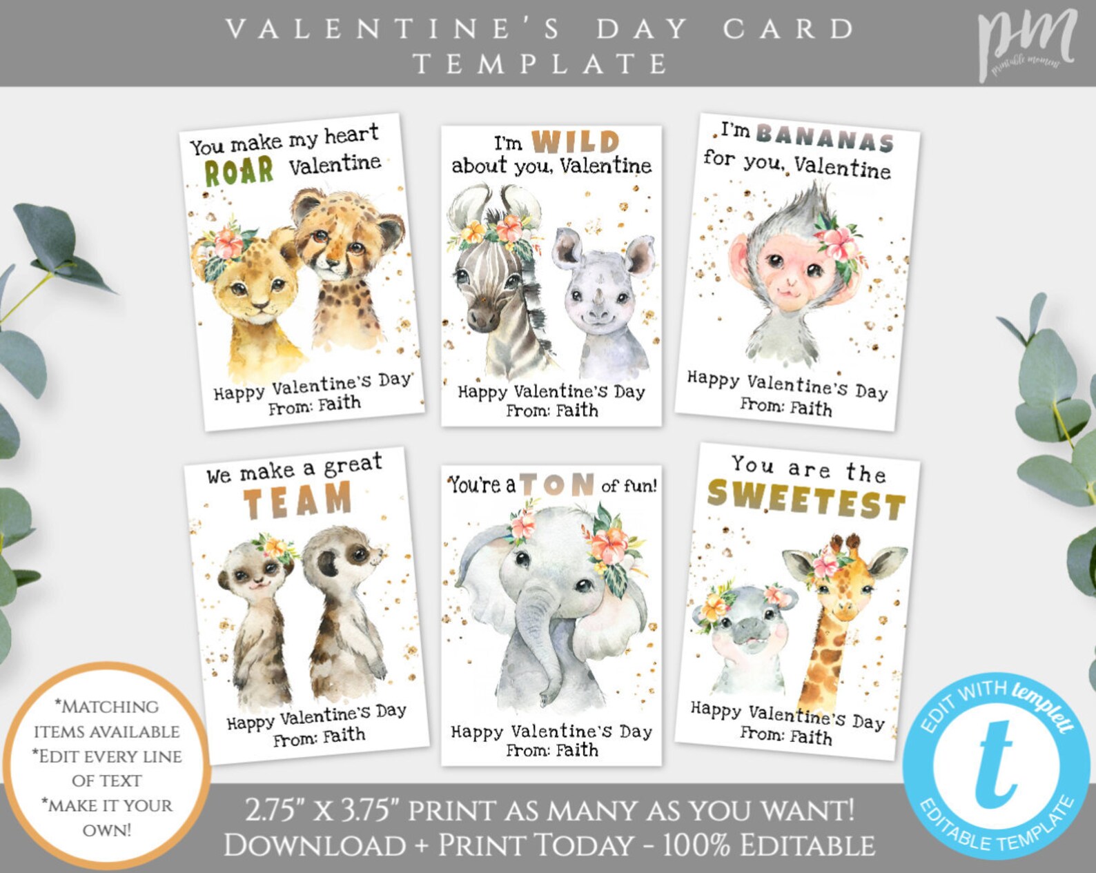 Jungle Valentine Card Template Safari Valentines Cards for - Etsy