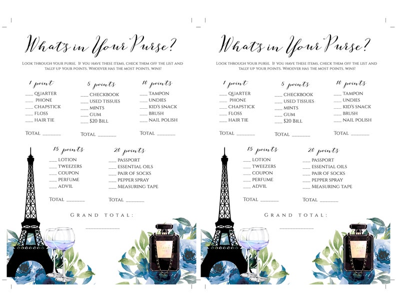 What's in Your Purse Paris Baby Shower Game Template - Etsy