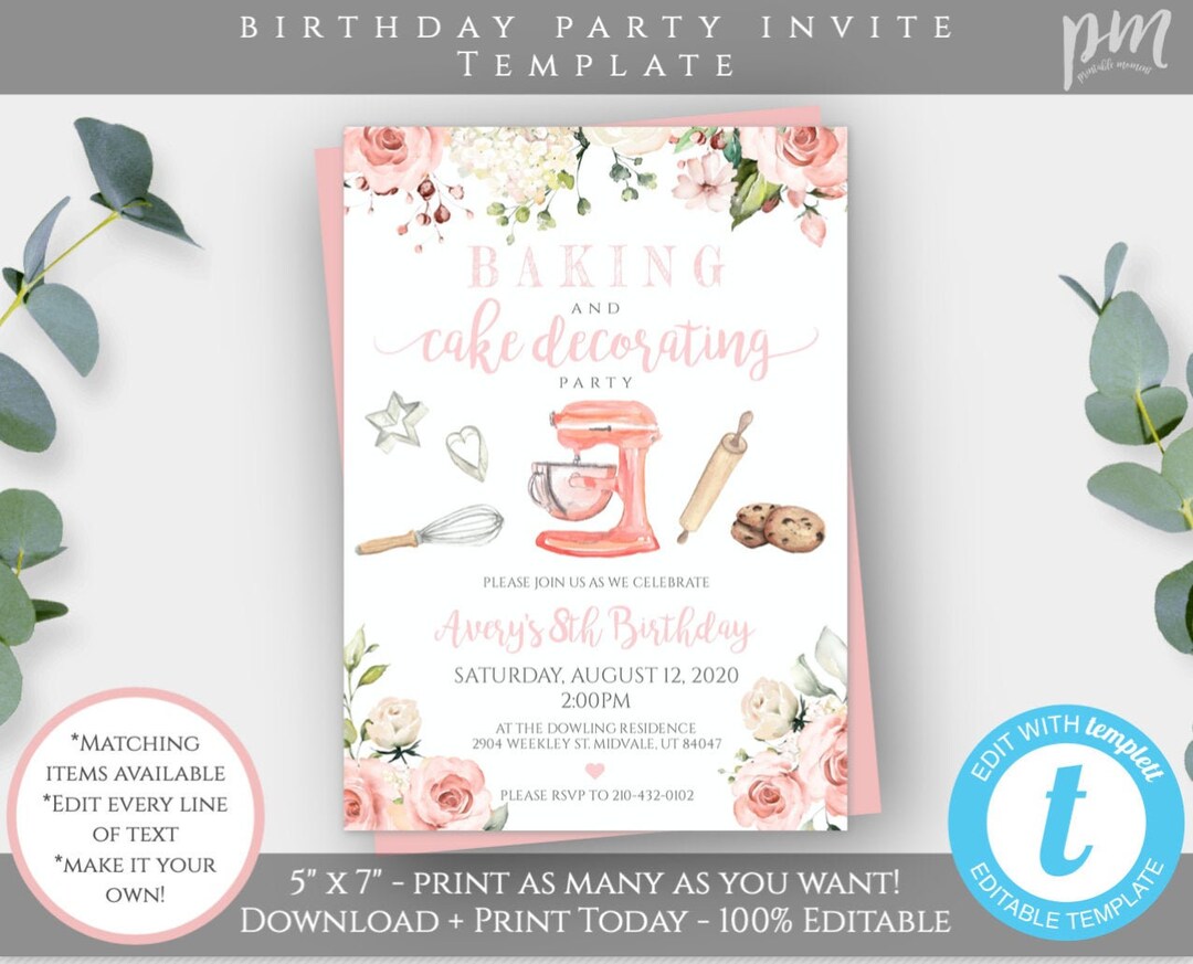 Baking Birthday Invitation Template, Kid's Birthday Cake Decorating ...