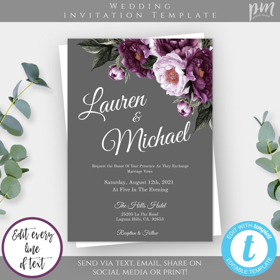 Purple and Gray Floral Wedding Invitation Template, Gray Wedding Invite ...