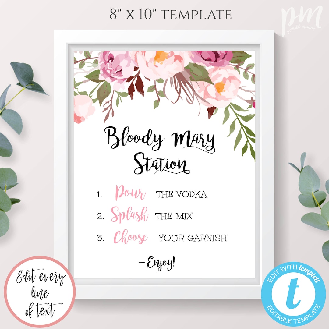 Pink Floral Bloody Mary Station Sign Template, Bloody Mary Bar Sign ...