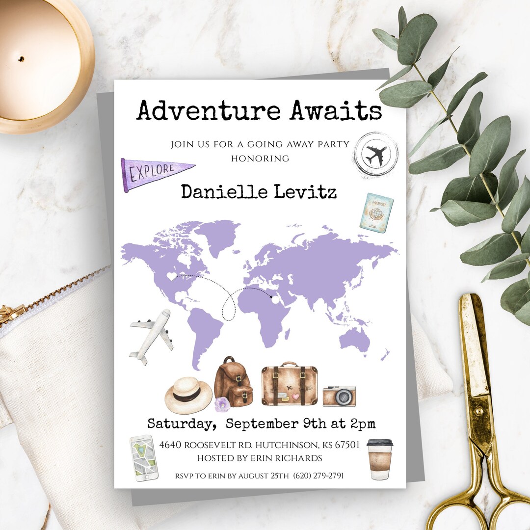 Purple World Map Invitation Template, Adventure Awaits Going Away Party ...