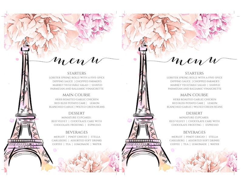 Paris Menu Card Template 5" X 7", Eiffel Tower Food Menu, French Theme ...