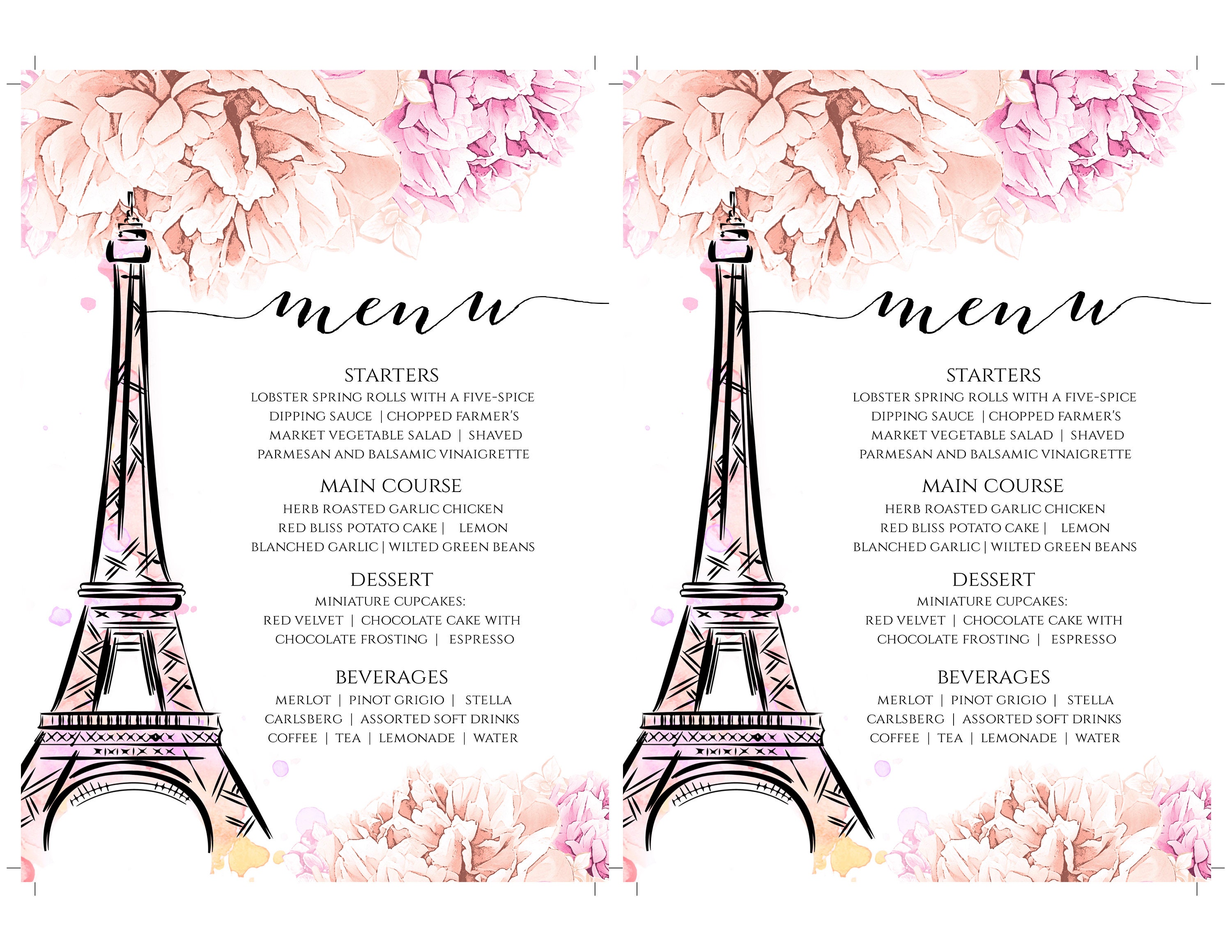 Paris Menu Card Template 5" X 7", Eiffel Tower Food Menu, French Theme ...