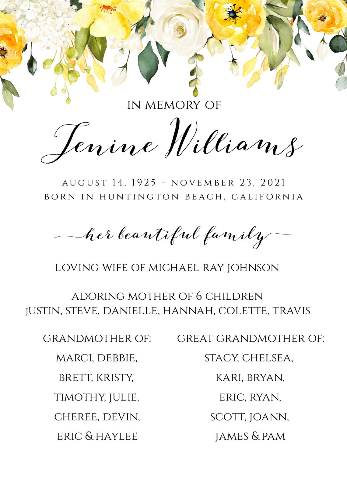 Yellow Floral Funeral Template, Printable Funeral Template, Instant ...