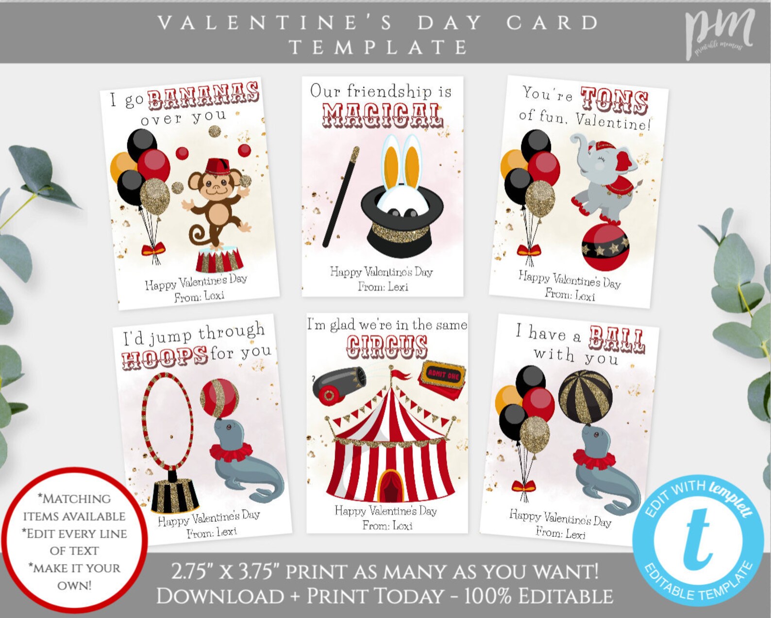 Circus Valentine Card Template, Big Top Valentines Cards for Kids ...