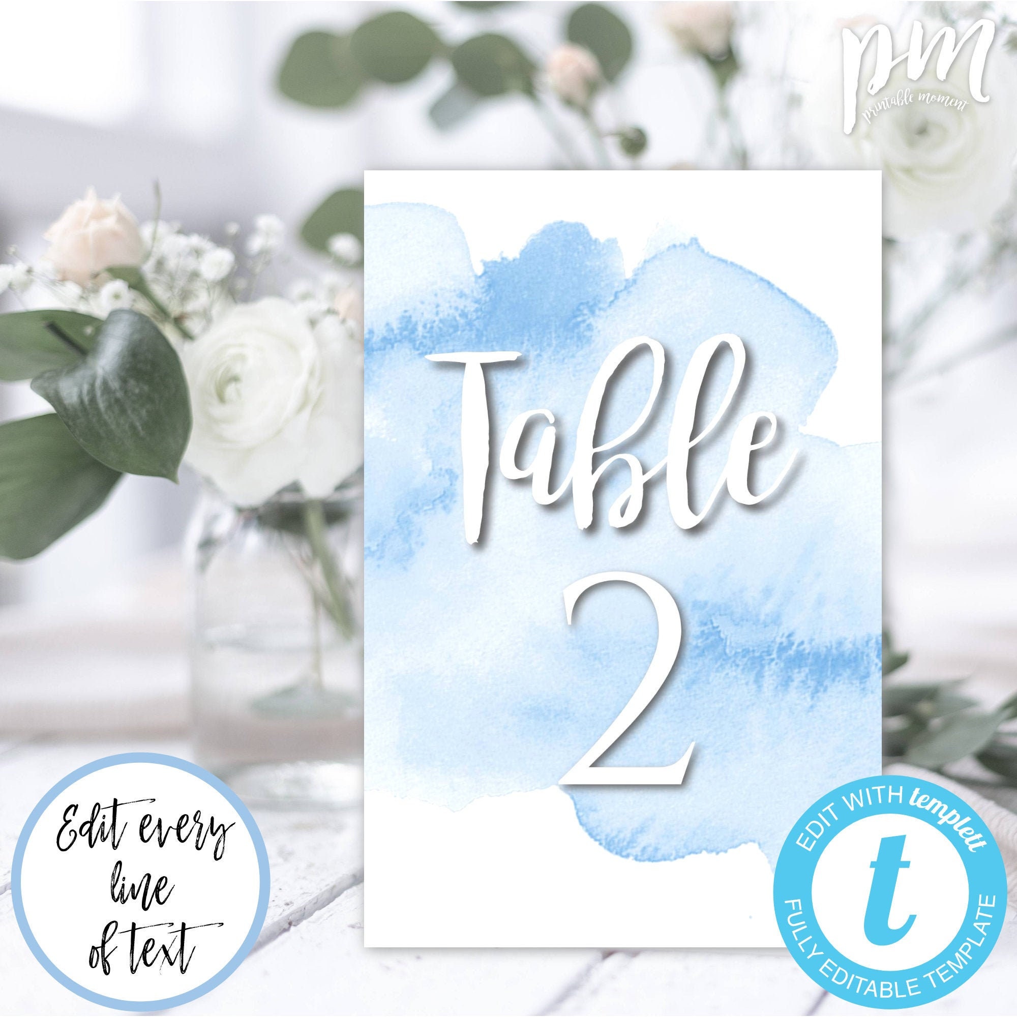 Light Blue Watercolor Table Number Template Wedding Number | Etsy