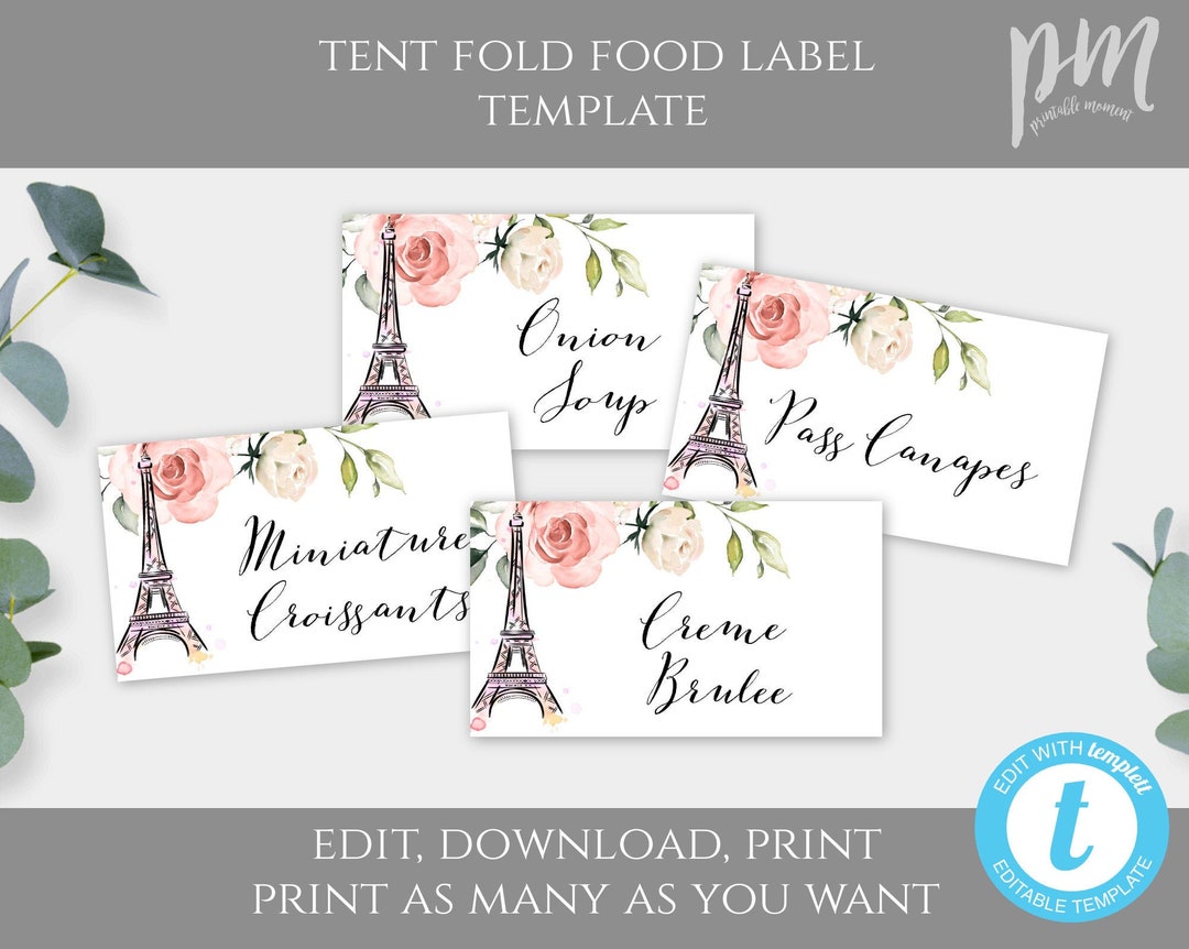 Paris Tent Fold Card Template, DIY Editable Eiffel Tower Food Label ...