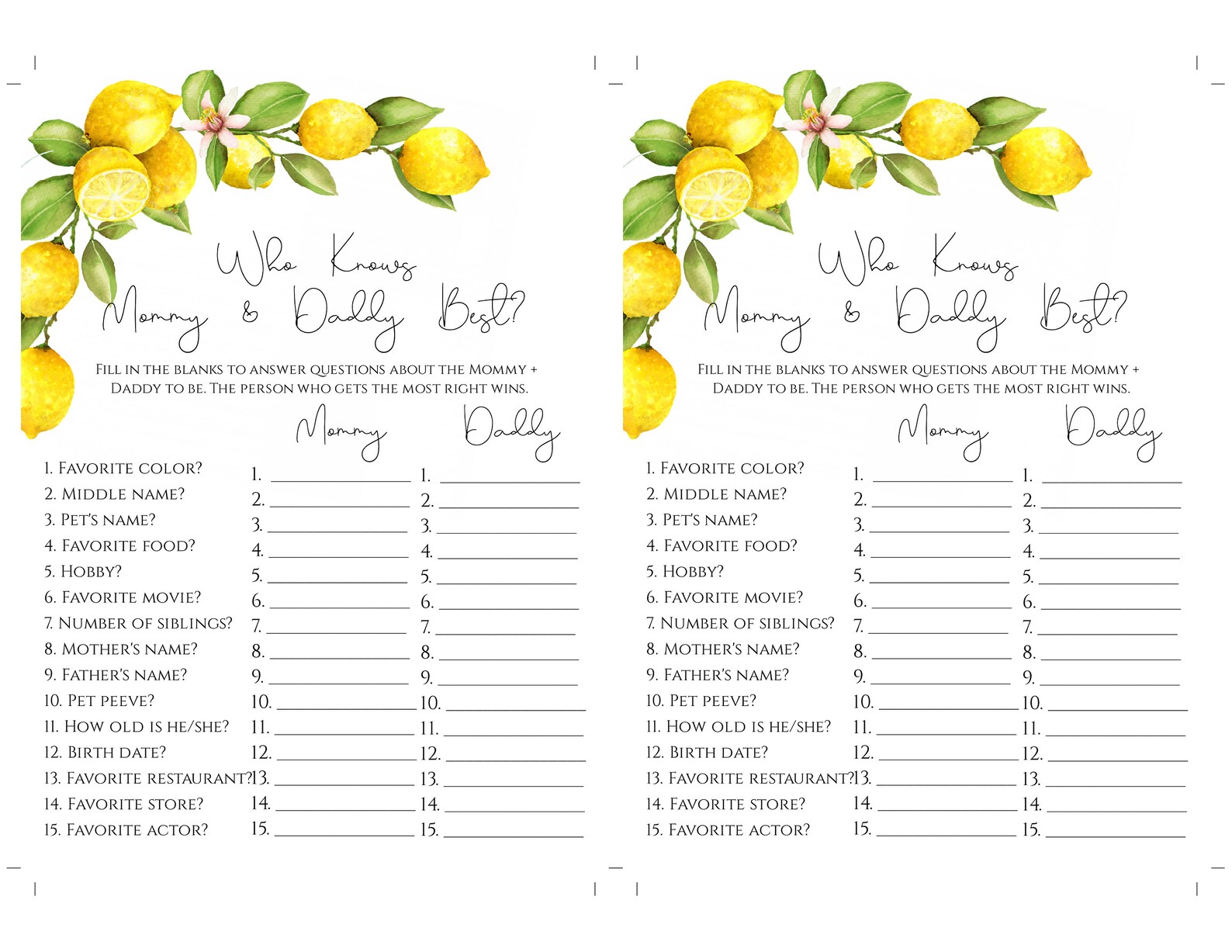 Lemon Baby Shower Game Template Set Game Bundle for Lemon | Etsy