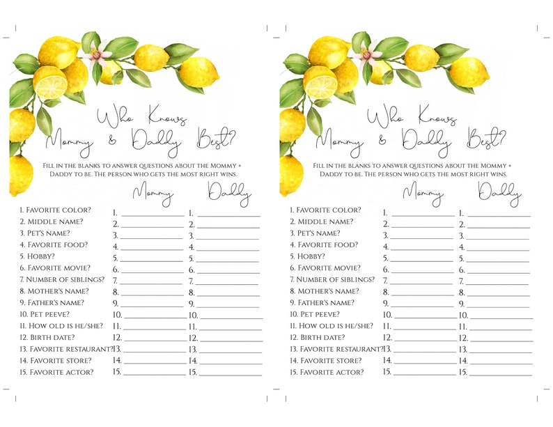 Lemon Baby Shower Game Template Set Game Bundle for Lemon - Etsy