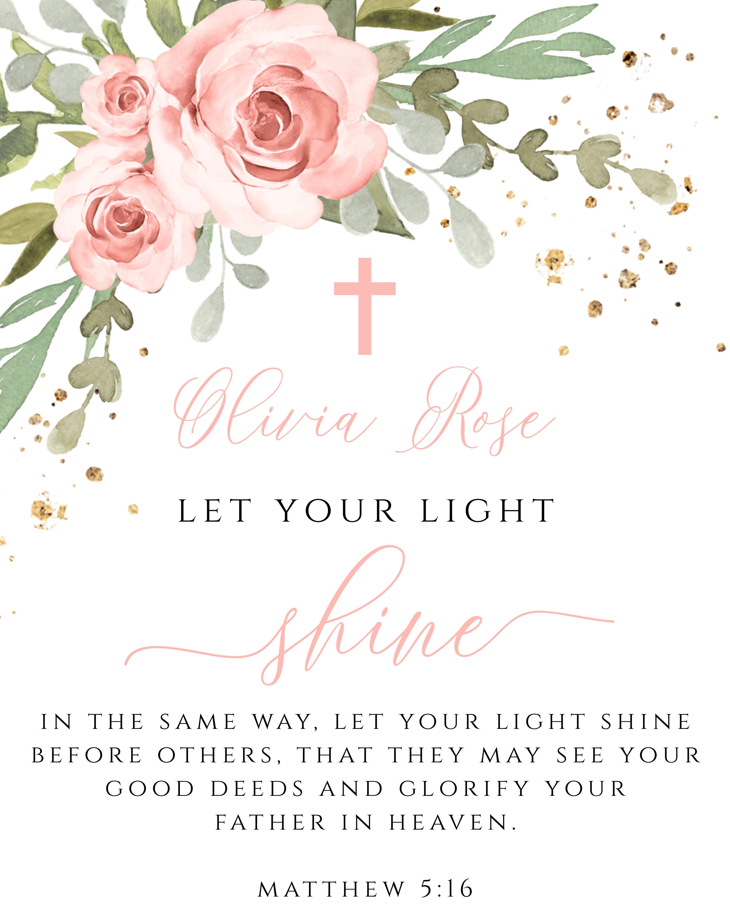 Personalized Let Your Light Shine Sign, Editable Pink Floral Baptism ...