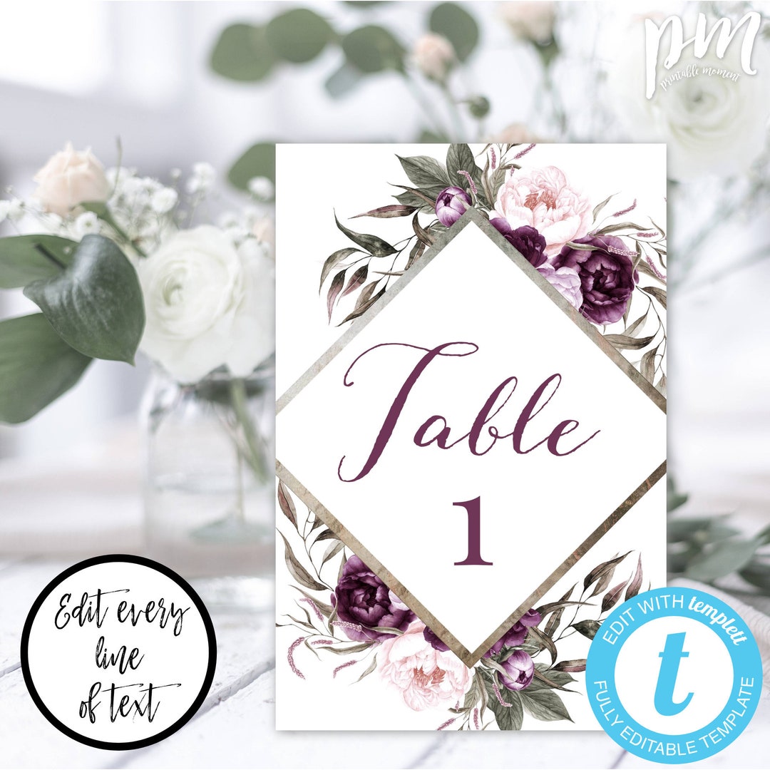 Purple Table Number Template, Plum Table Number Cards, Lavender Wedding ...