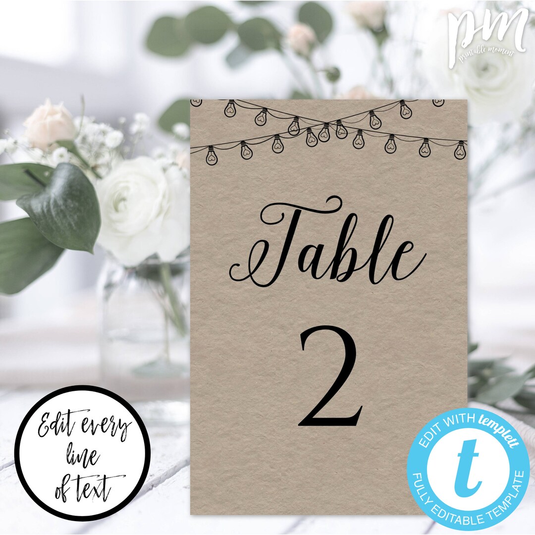 Rustic Table Number Template With String Lights, Printable Download ...