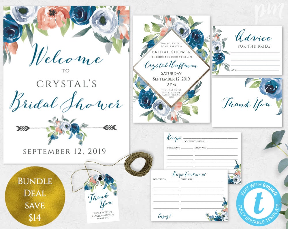 Navy & Coral Bridal Shower Bundle, Edit Everything, Printable Decor ...