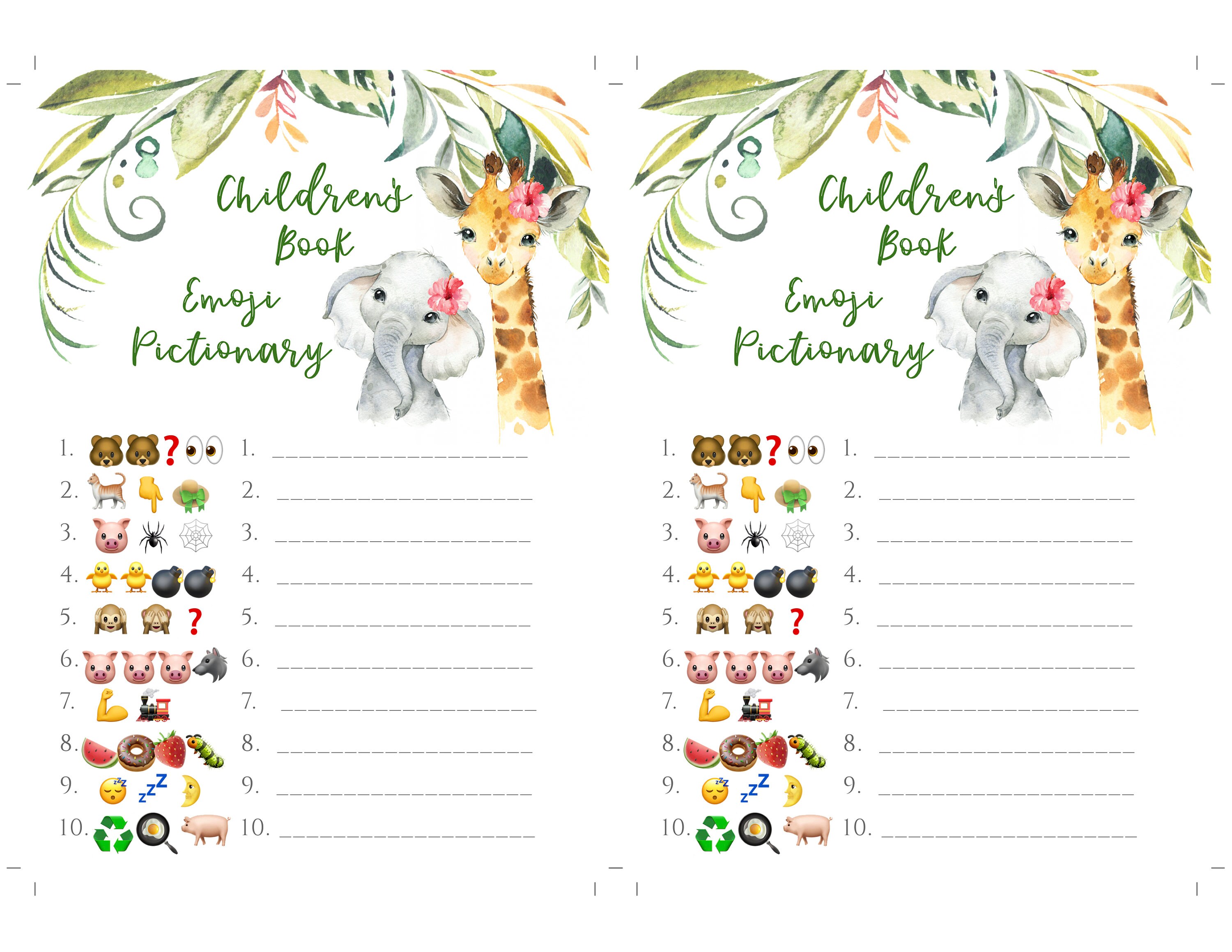 Children's Book Emoji Game Template Jungle Shower Game | Etsy