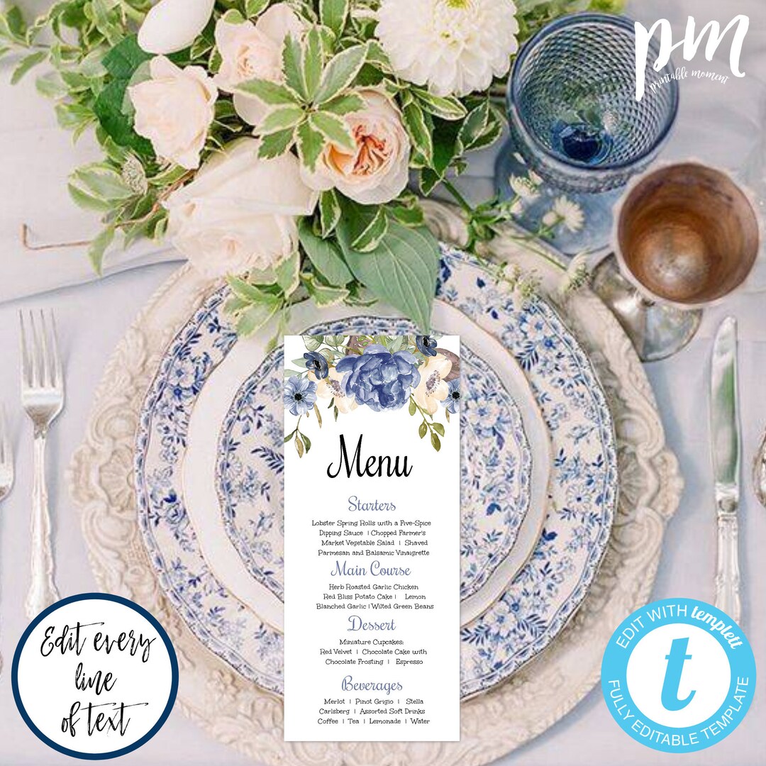 Blue Floral Wedding Menu Template, Printable Dusty Blue Floral Menu ...