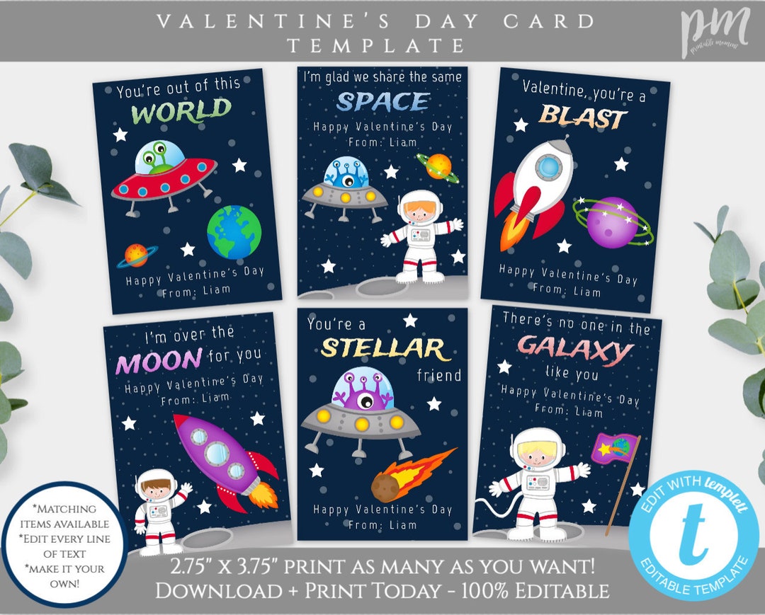 Space Valentine Card Template, Outer Space Valentines Cards for Kids ...
