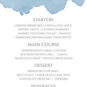 Dusty Blue Menu Template for Wedding, DIY Editable Blue Watercolor Menu ...
