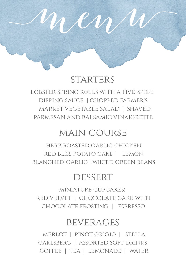 Dusty Blue Menu Template for Wedding DIY Editable Blue - Etsy