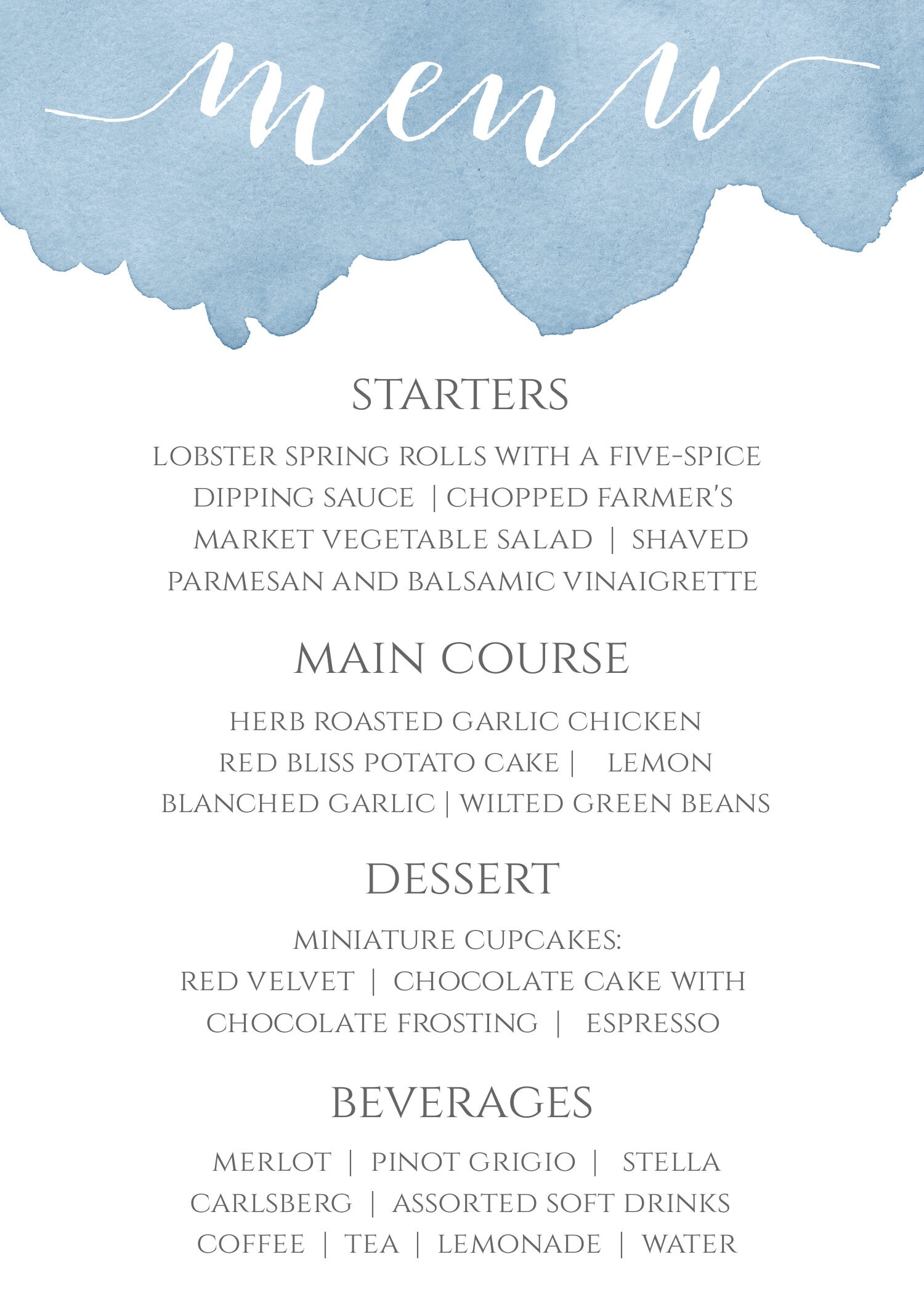 Dusty Blue Menu Template for Wedding, DIY Editable Blue Watercolor Menu ...