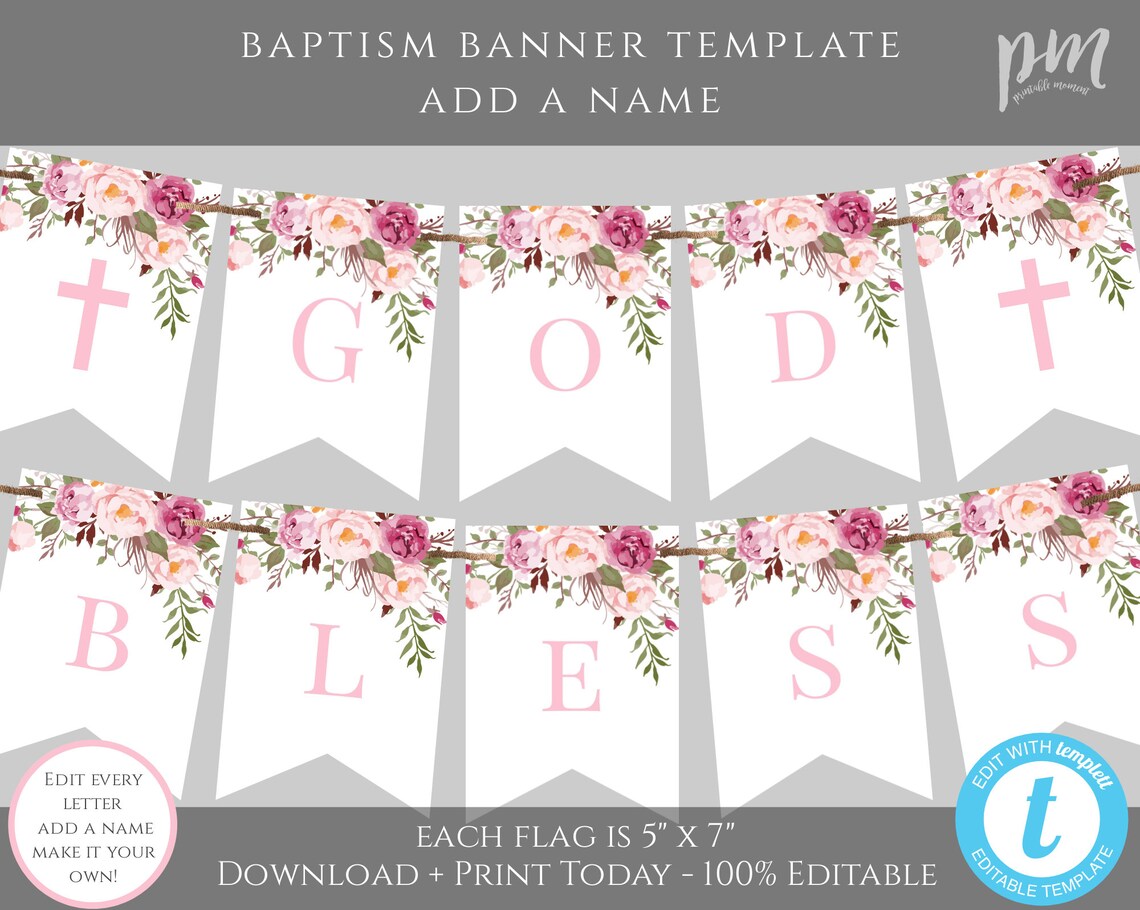 Pink Floral Baptism Flag Banner, Baptism Bunting Flag Template, Baby ...
