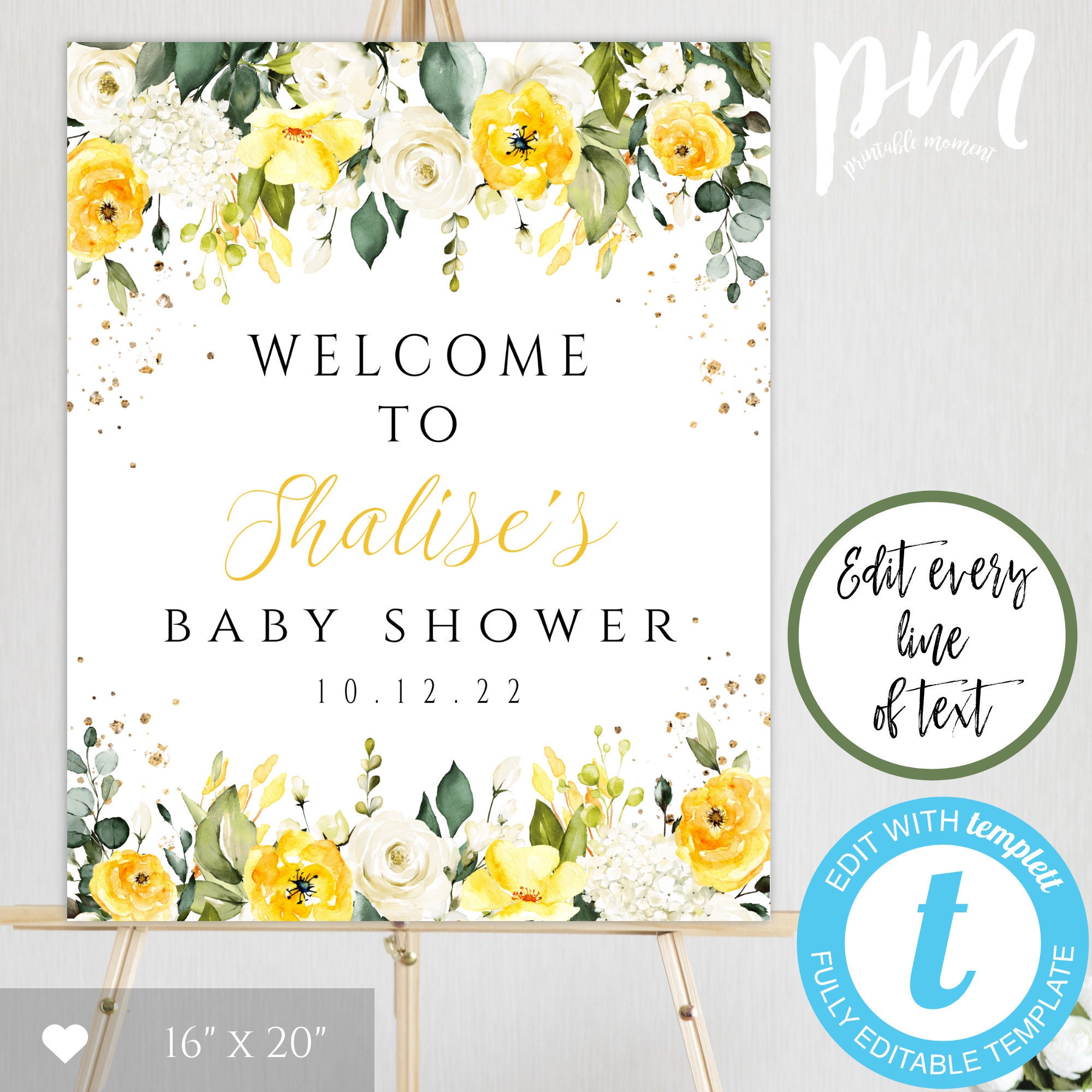 Yellow Floral Baby Shower Welcome Sign Template, Welcome Baby Shower ...